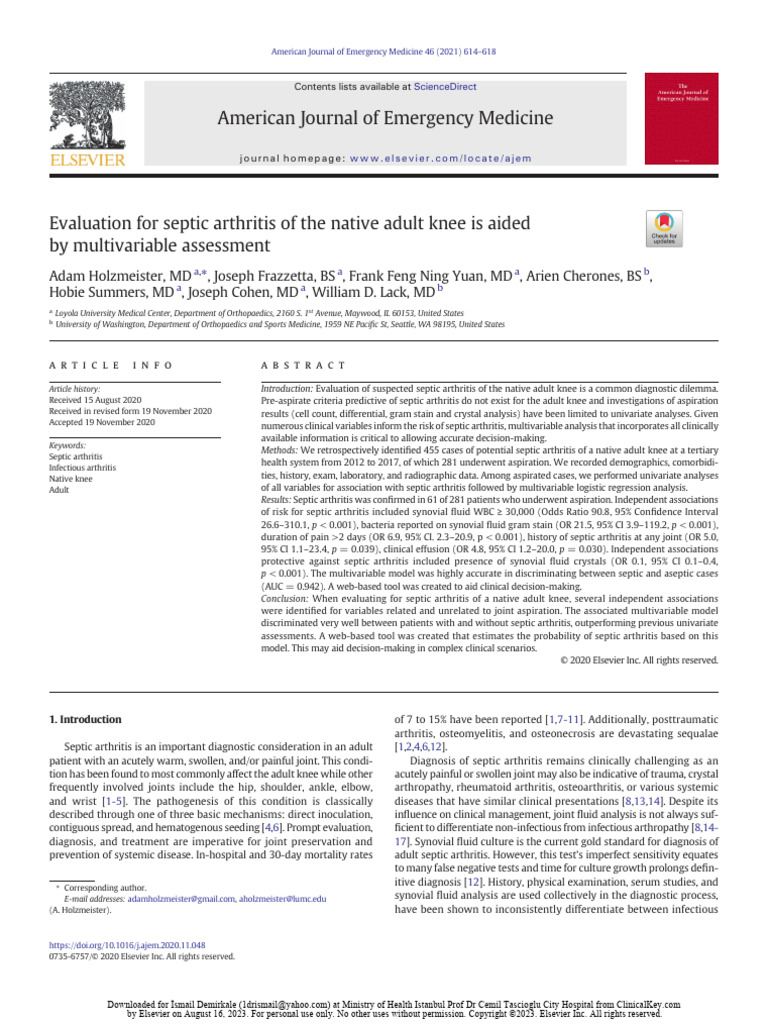 Evaluation For Septic Arthritis of The Native Adult Knee | PDF | Sepsis ...