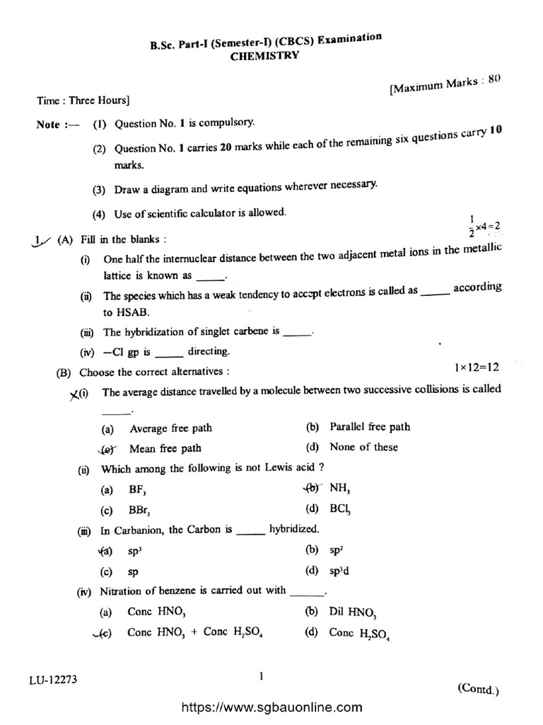 BSC 1 Sem Chemistry Lu 12273 2023 | PDF