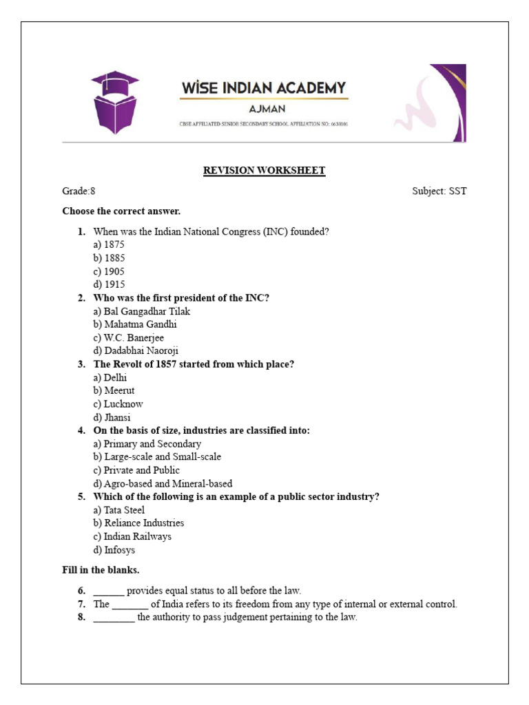 Revision Worksheet-G8-Sst | PDF