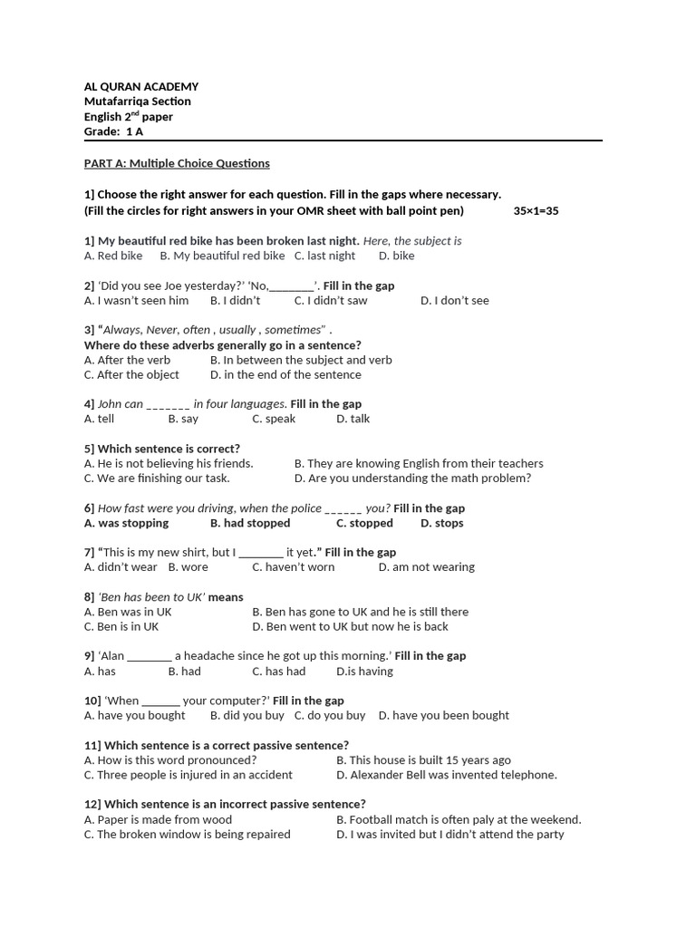 English Exam Questions for Grade 1A | PDF | Adjective | Subject (Grammar)