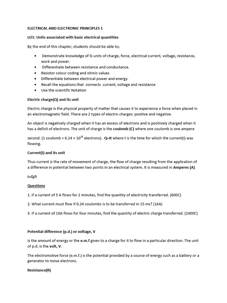 ELECTRICAL AND ELECTRONIC PRINCIPLES 1 LO1 Electrical Quantities and Units | PDF | Resistor ...