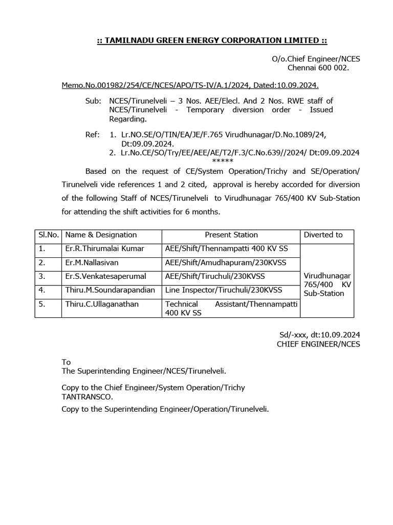 5 Nos. Temporary Diversion For Shift Duties | PDF
