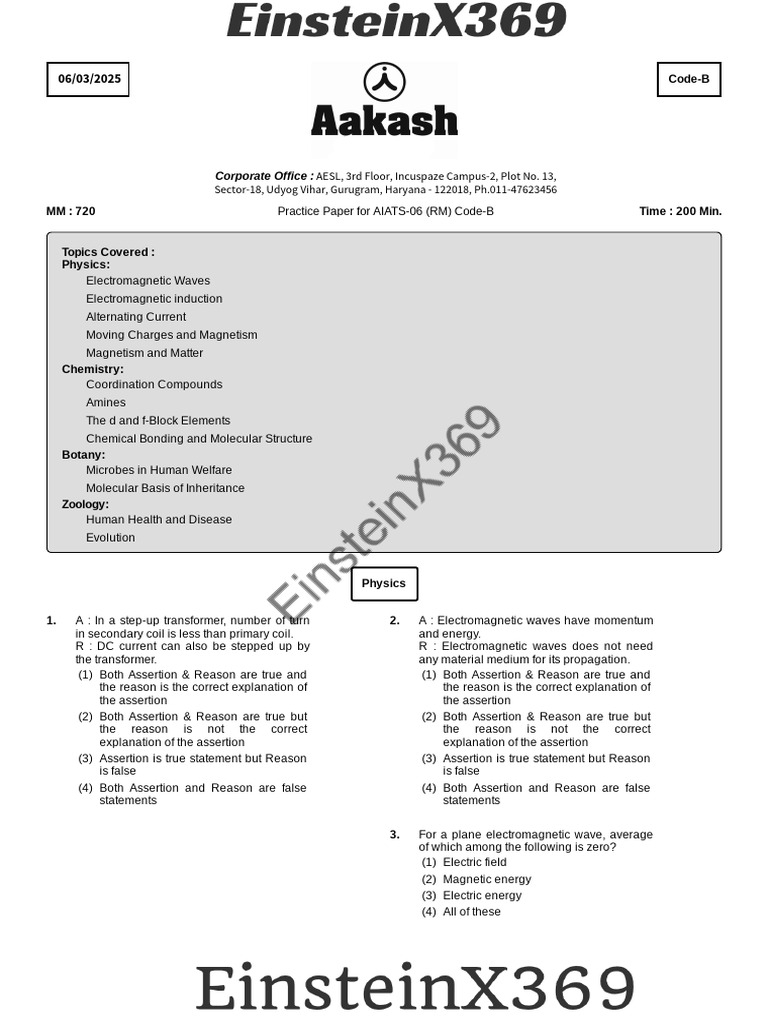Practice Paper For AIATS-06 (RM) Code-B-1 | PDF | Inductance | Inductor