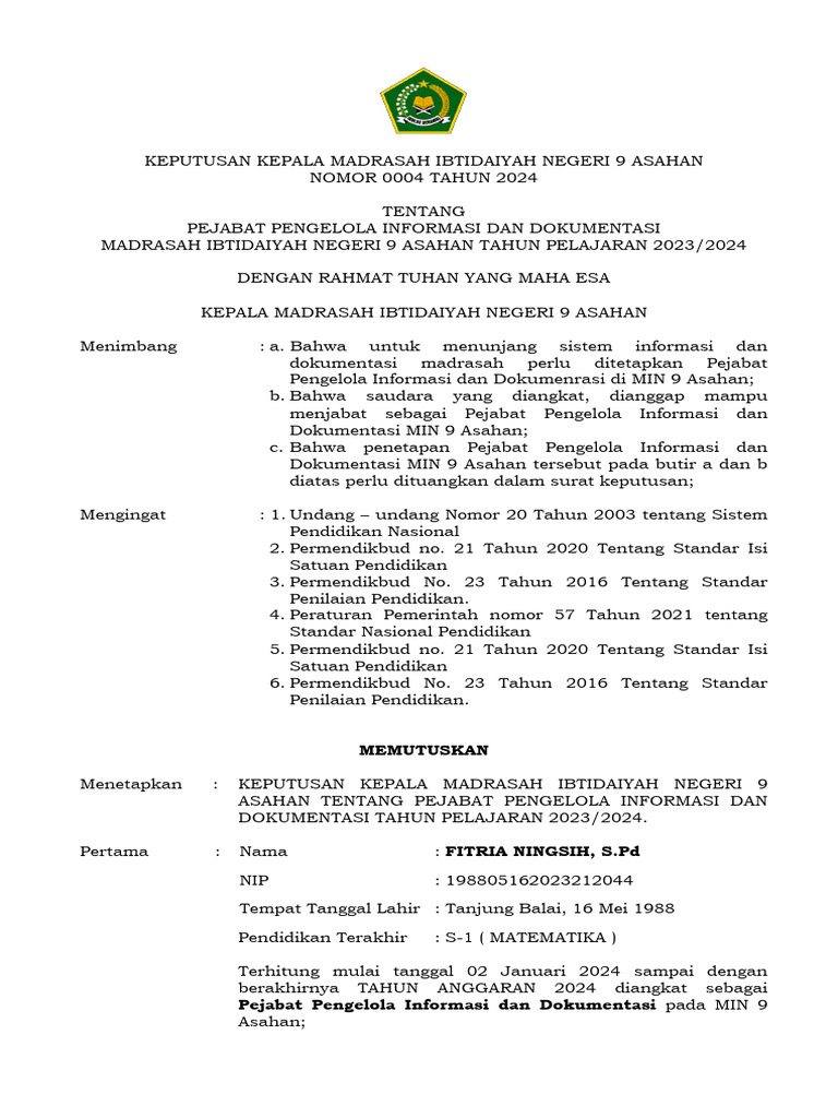 SK Ppid Min 9 Asahan 2024 | PDF