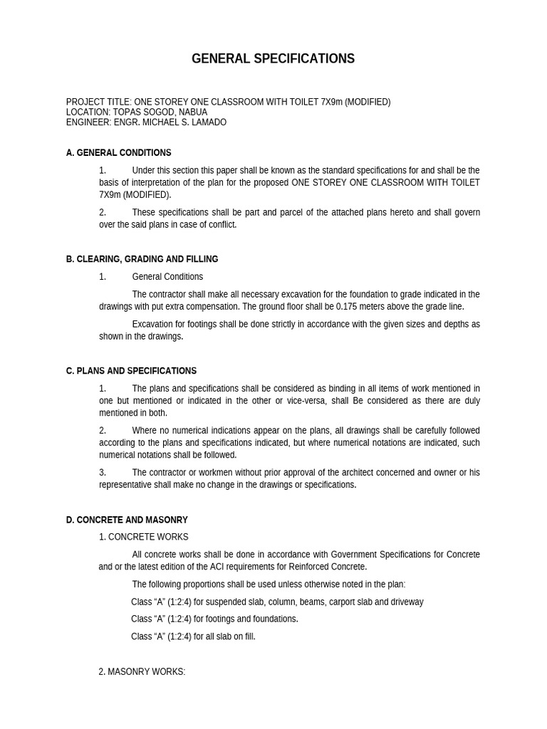 Project Specifications CMPM - Lamado, Michael S. BSCE-4B | PDF | Concrete | Masonry