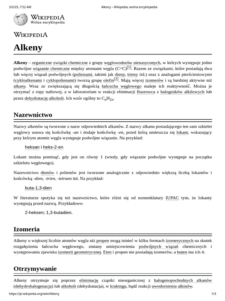 Alkeny – Wikipedia, wolna encyklopedia | PDF