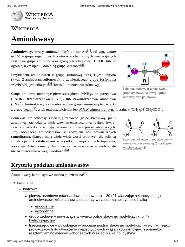 Aminokwasy - Wikipedia, Wolna Encyklopedia | PDF