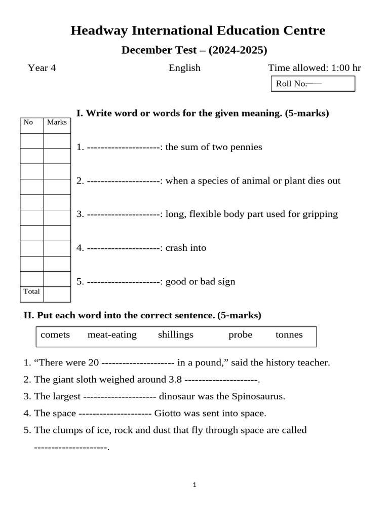 Year 4 English Test - December 2024-2025 | PDF