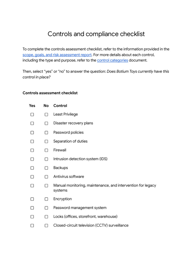 Controls and Compliance Checklist | PDF | Privacy | Cybercrime