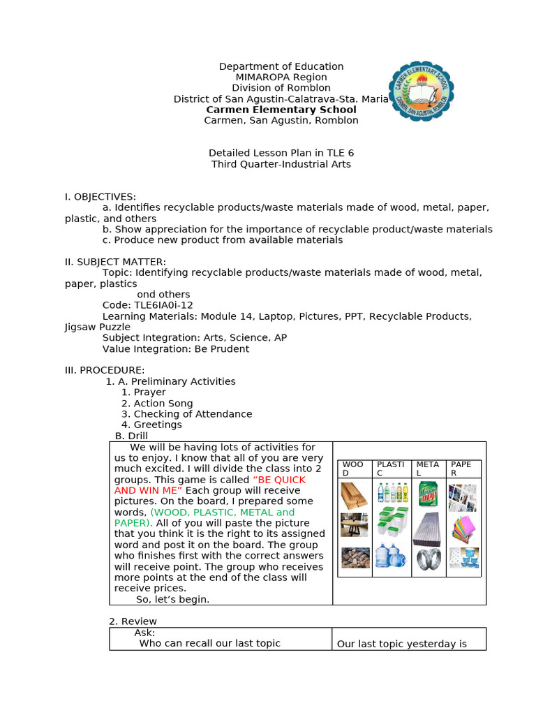 Detailed Lesson Plan in TLE 6 | PDF | Recycling | Waste Management