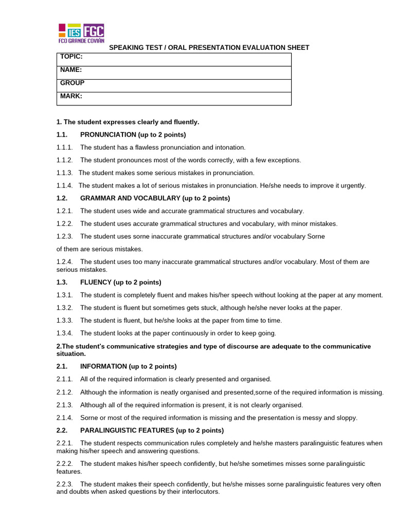 Evaluation Sheet Oral Presentations | PDF | Fluency | Cultural Assimilation