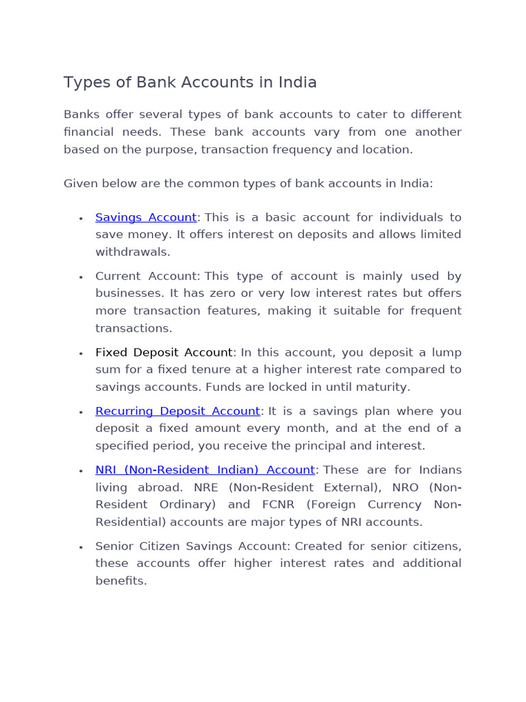Types of Bank Accounts in India Explained | PDF