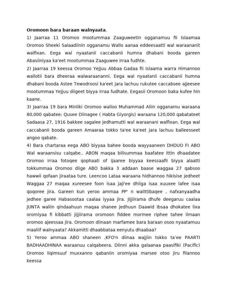 Oromoon Bara Baraan Walnyaata | PDF
