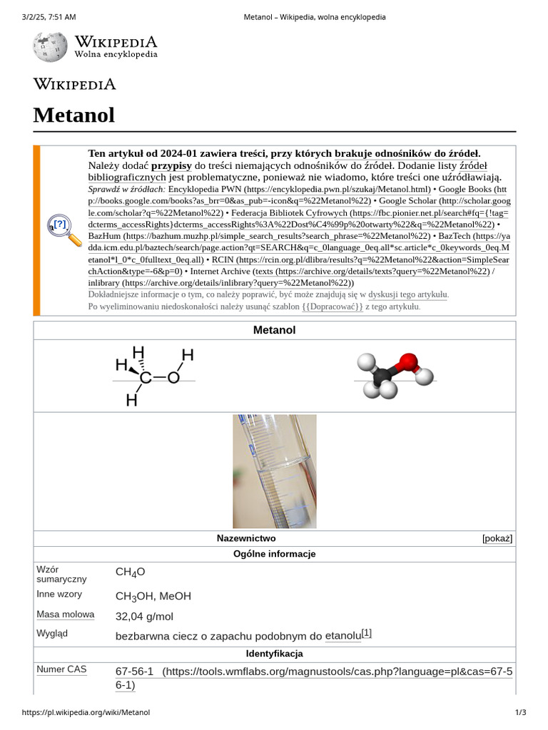 Metanol - Wikipedia, Wolna Encyklopedia | PDF