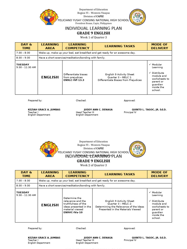 Grade 9 English Learning Plan | PDF