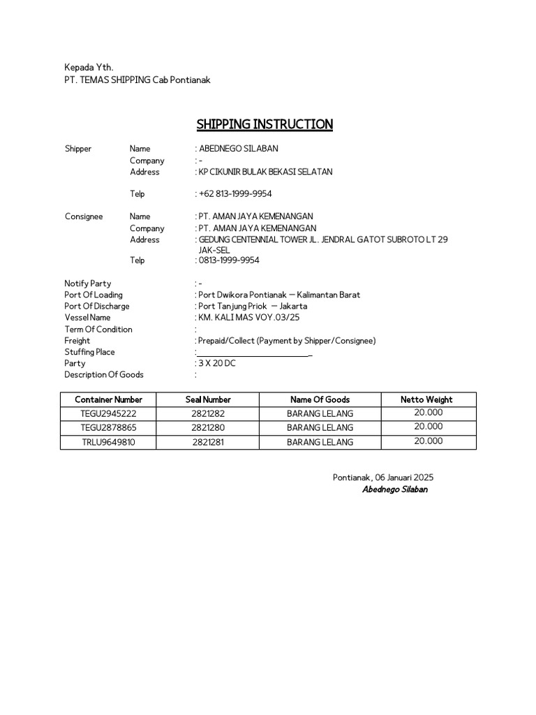 Shipping Instruction for PT. Temas Shipping | PDF