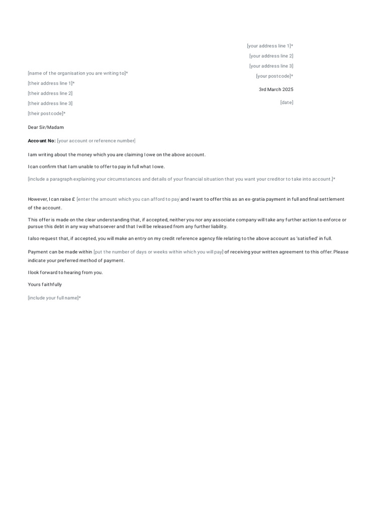 Sample Letter - Negotiate A Full and Final Settlement Offer With Your ...