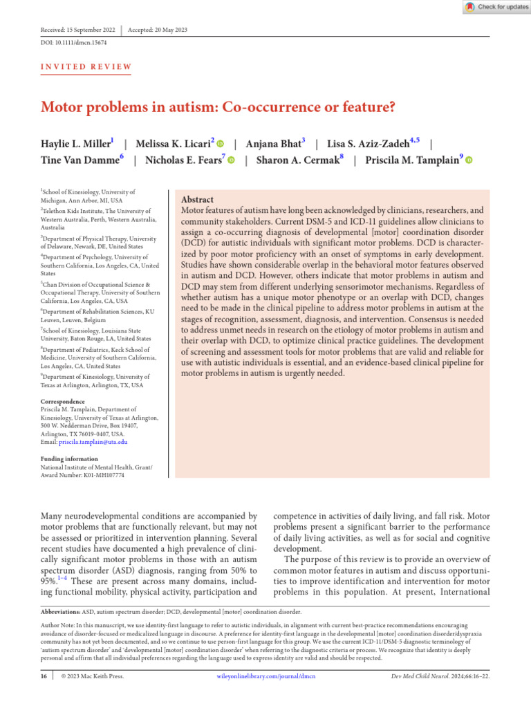Develop Med Child Neuro - 2023 - Miller - Motor Problems in Autism Co ...
