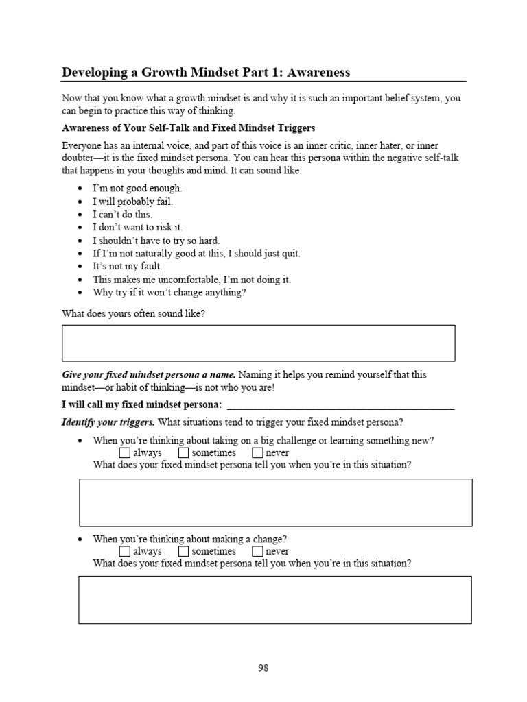 Developing A Growth Mindset Part 1 - Awareness | PDF | Mindset | Thought