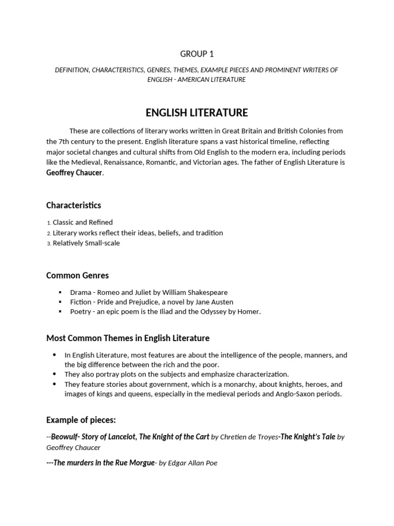 Group 1 English and American Literature - 093343 | PDF | English ...