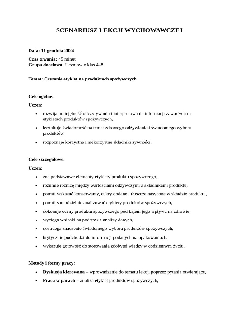 Czytanie Etykiet Na Produktach - Scenariusz Lekcji. | PDF