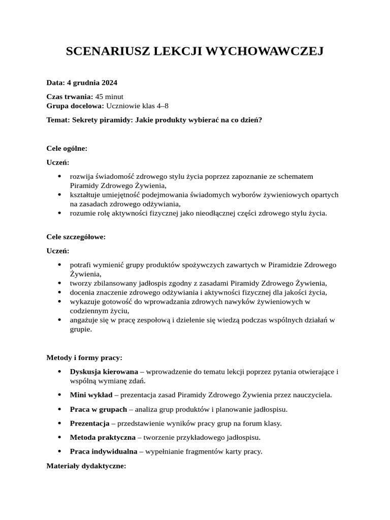 Piramida Zdrowego Żywienia - Scenariusz Lekcji. | PDF