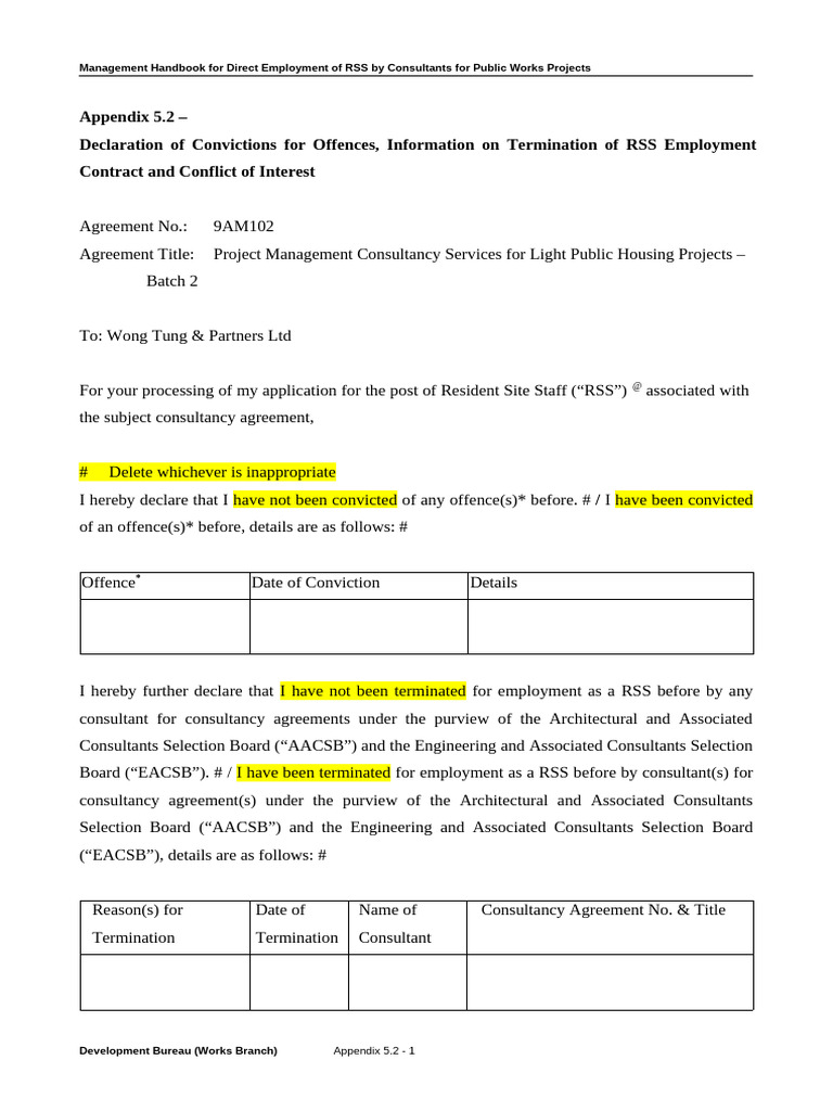 Appendix 5 2 Sample Declaration of Convictions For Offences Contract Termination Conflict of ...