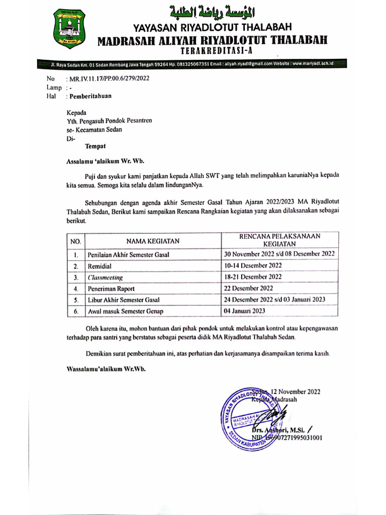 Surat Pemberitahuan Pondok Pesantren | PDF