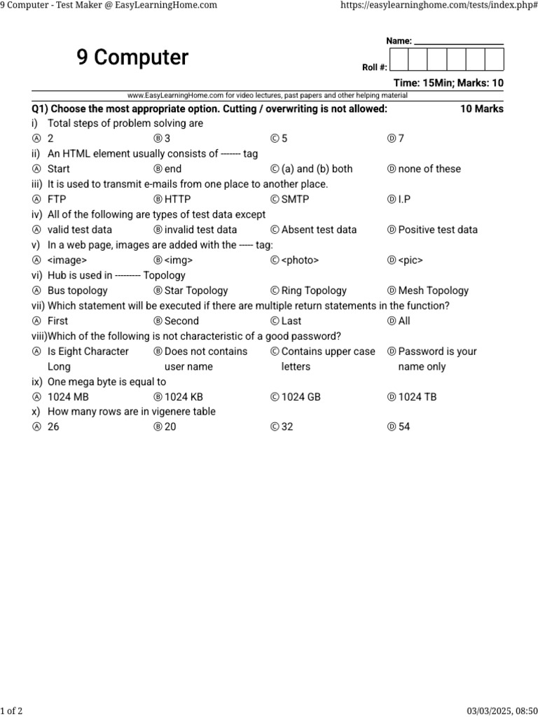 Computer Science Test Questions Guide | PDF | Byte | Network Topology