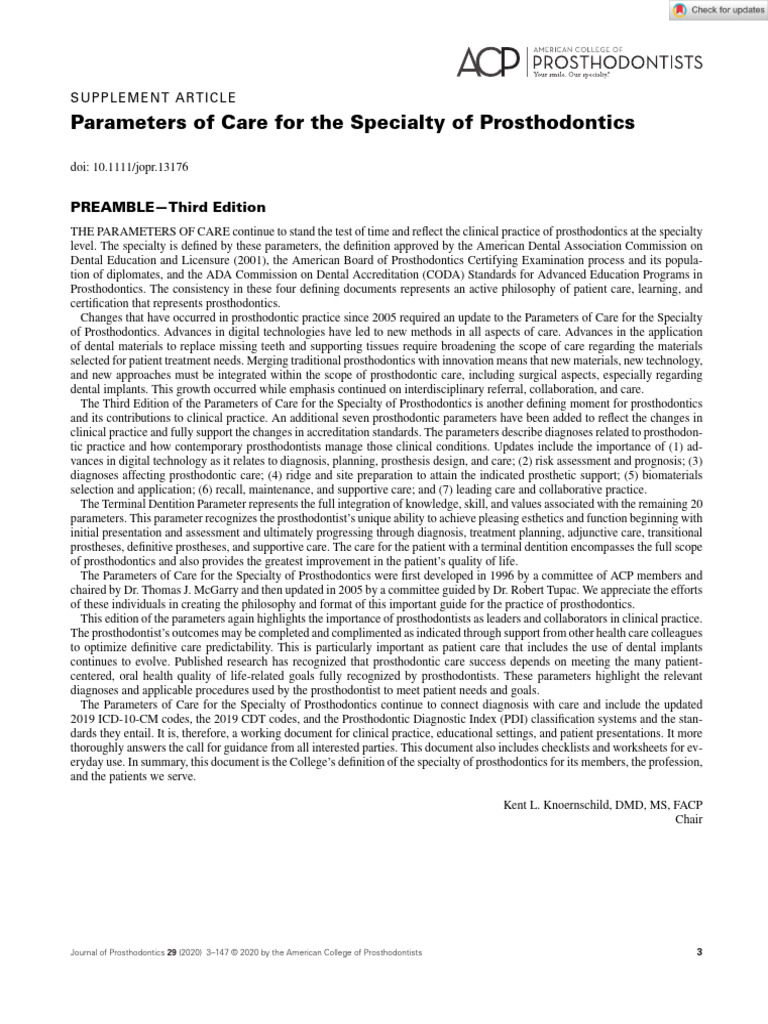 Journal of Prosthodontics - 2020 - - Parameters of Care for the ...