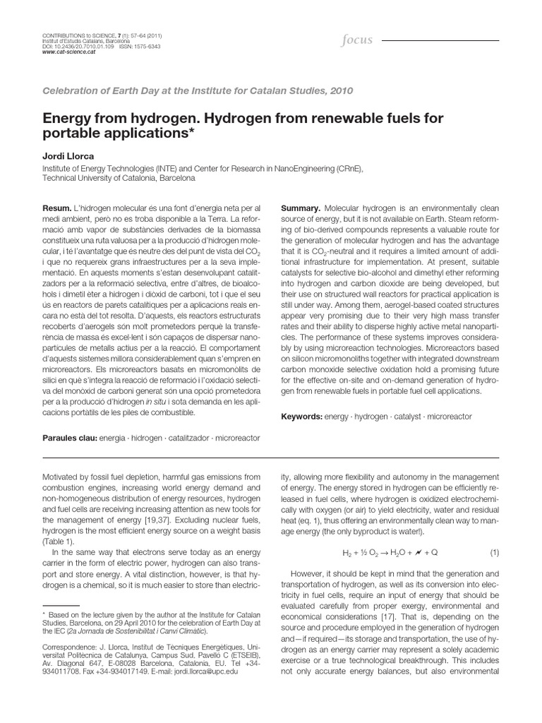 Energy From Hydrogen Hydrogen From Renew | PDF | Hydrogen | Catalysis