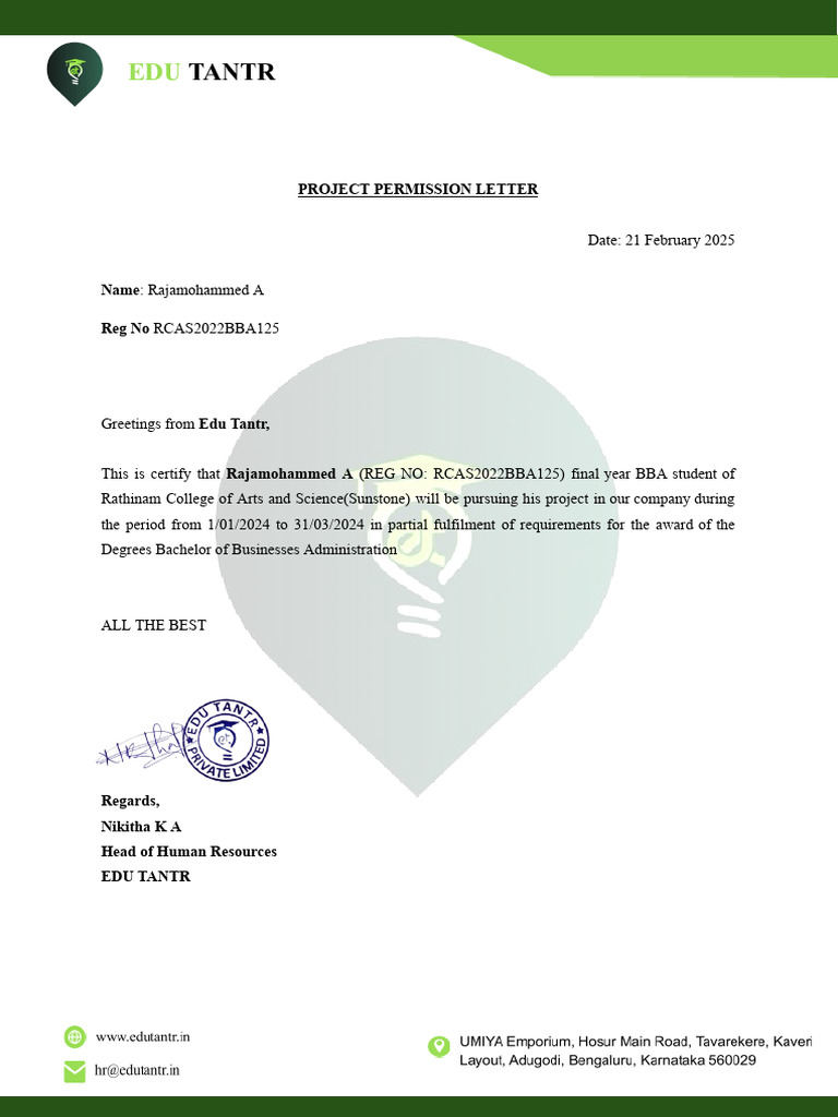 Project Permission Letter for Rajamohammed A | PDF