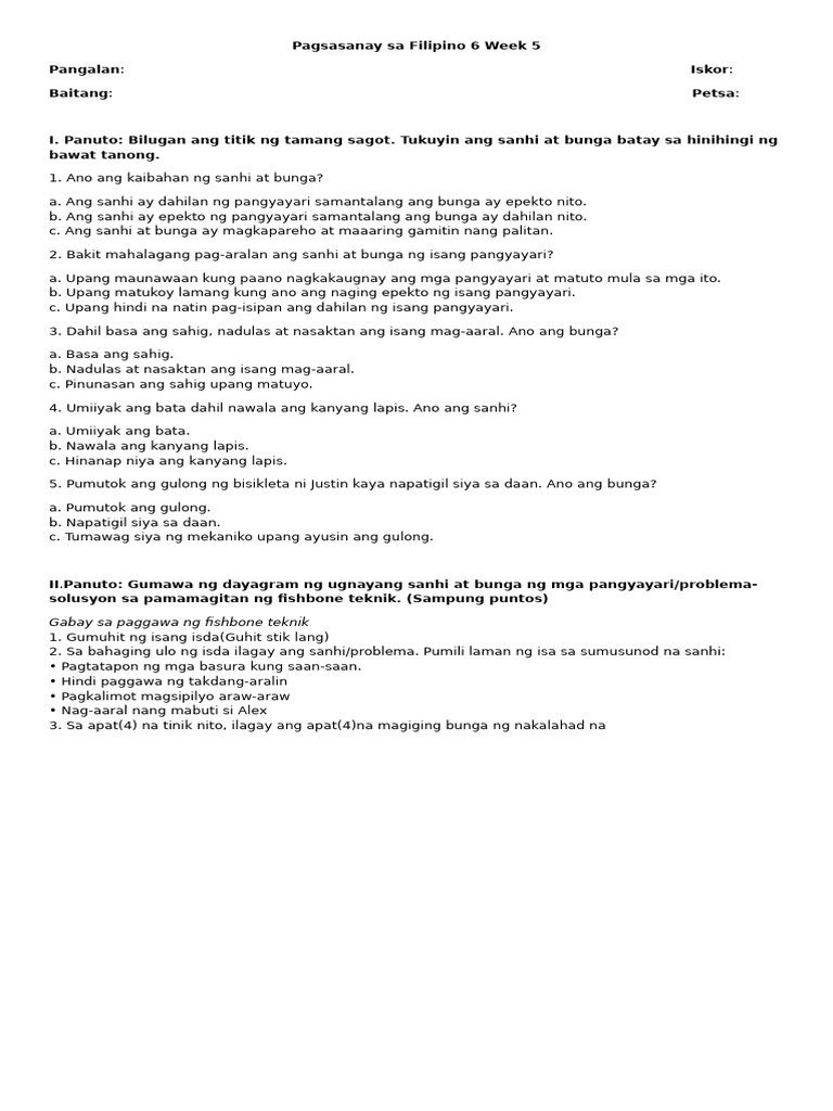 Worksheet Sa Filipino 6 | PDF
