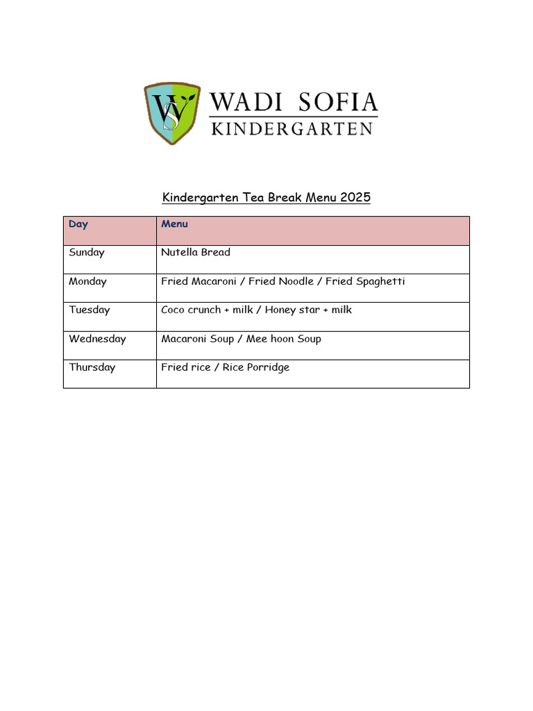 Kindergarten Tea Break Menu 2025 | PDF