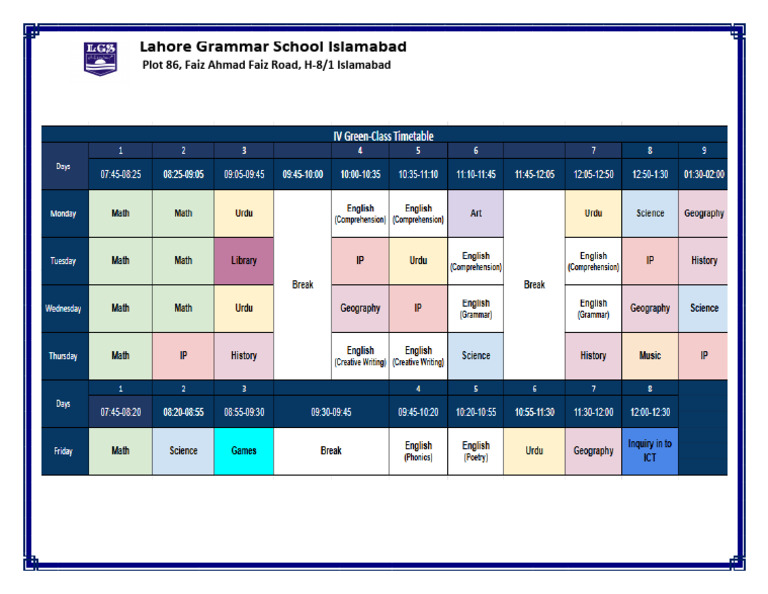 Grade IV Green-Timetable | PDF