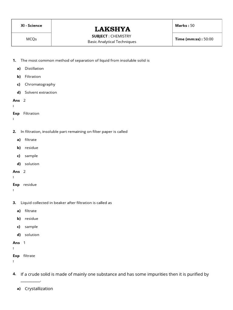 Basic Analytical Techniques MCQ-1 | PDF | Chromatography | Distillation