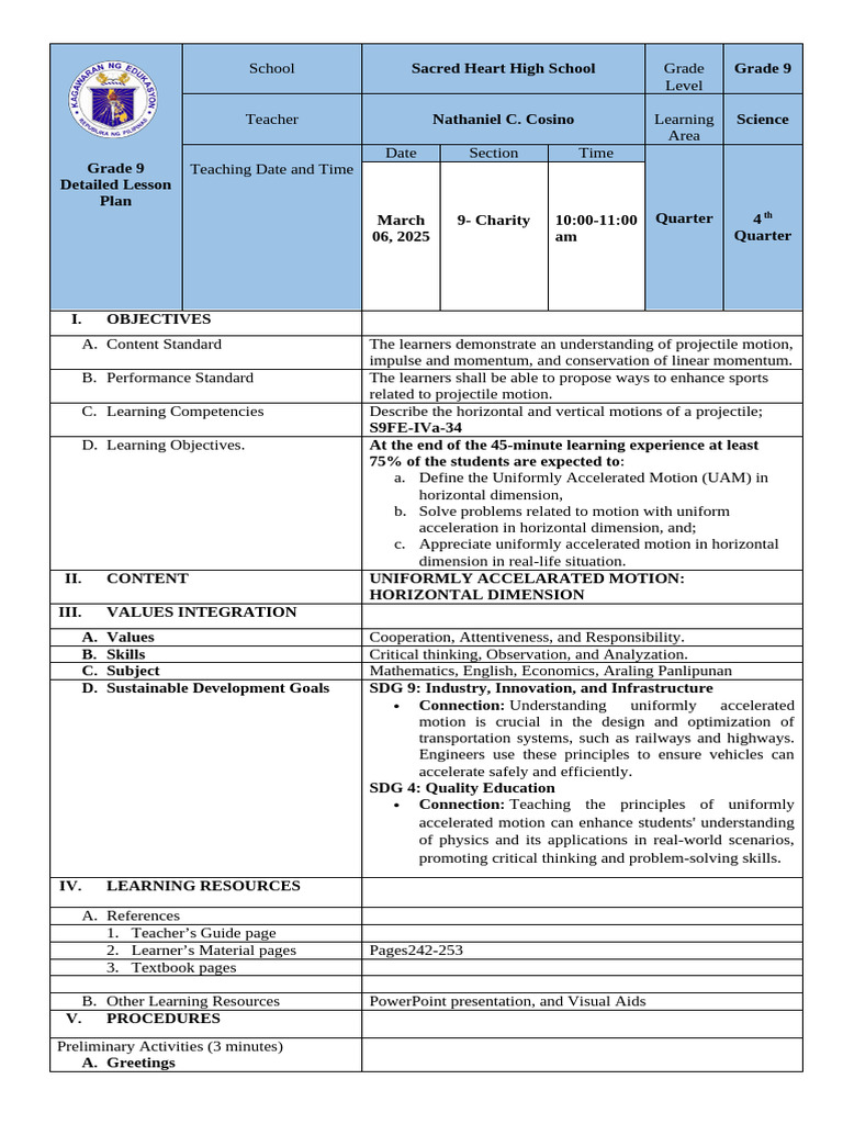 Grade 9 Science Lesson Plan: Projectile Motion | PDF | Acceleration | Force