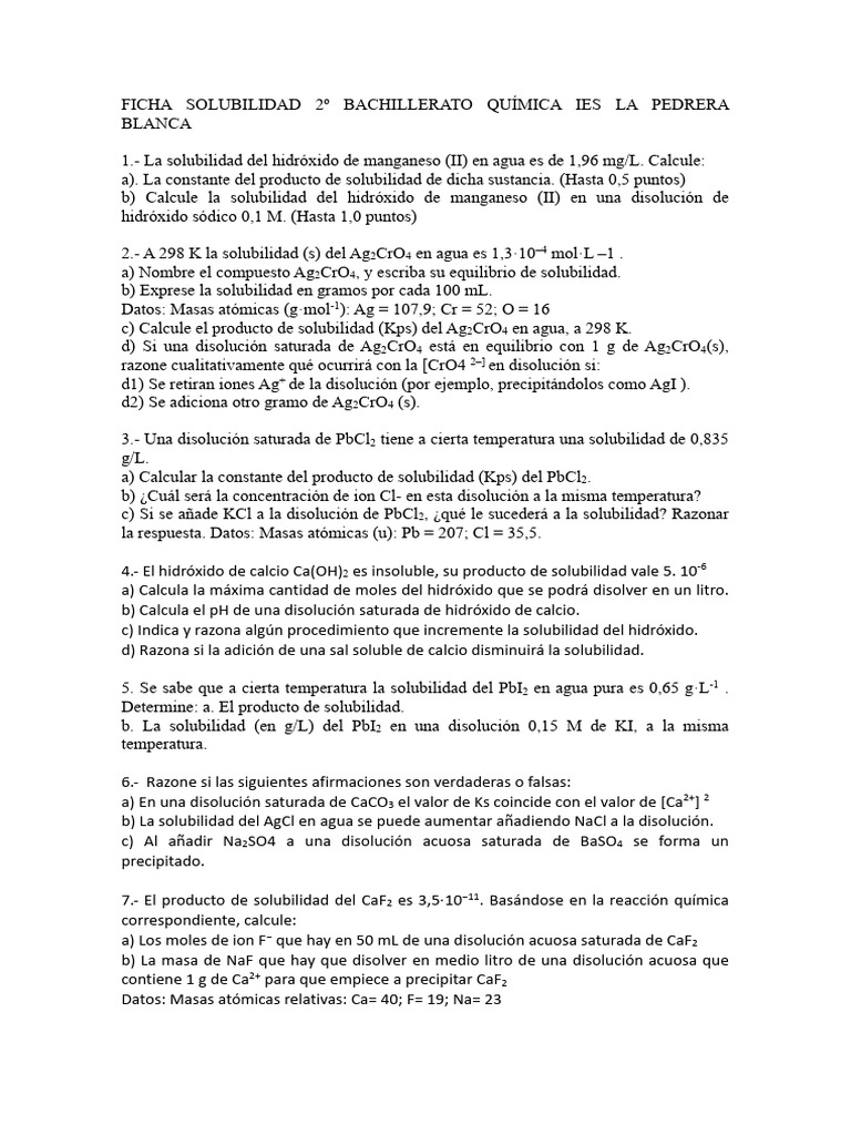 Ficha Solubilidad 2º Bachillerato Química Ies La Pedrera Blanca Ii | PDF | Solubilidad | Hidróxido