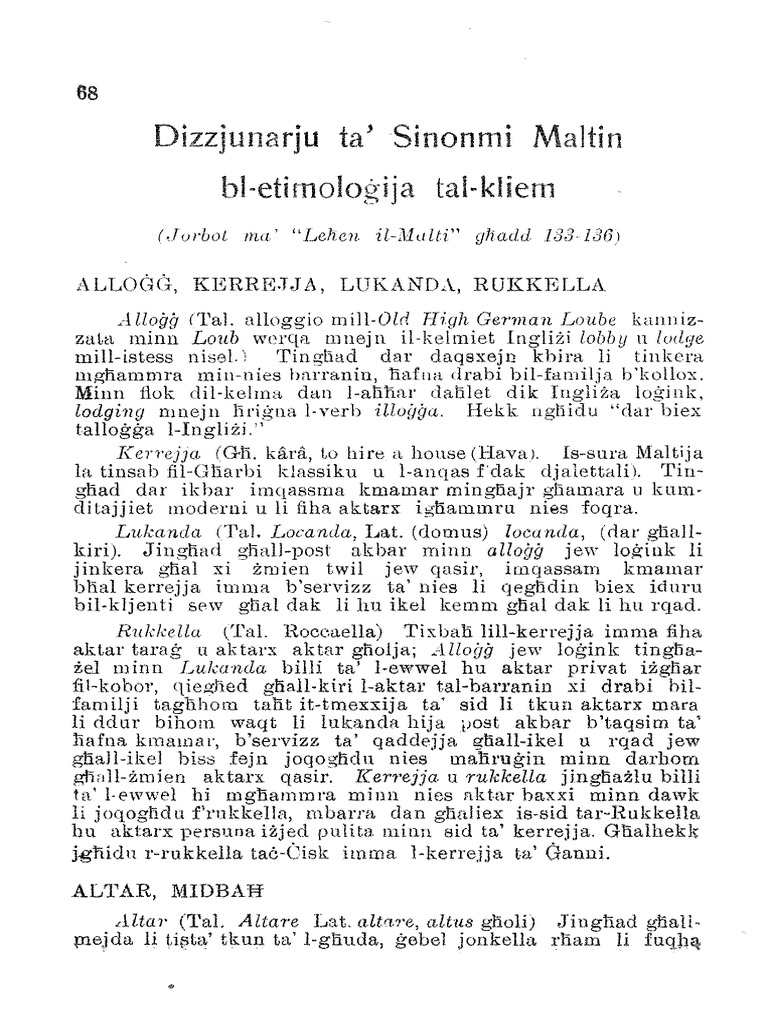 Dizzjunarju Ta' Sinonmi Maltin Bl-Etimologija | PDF