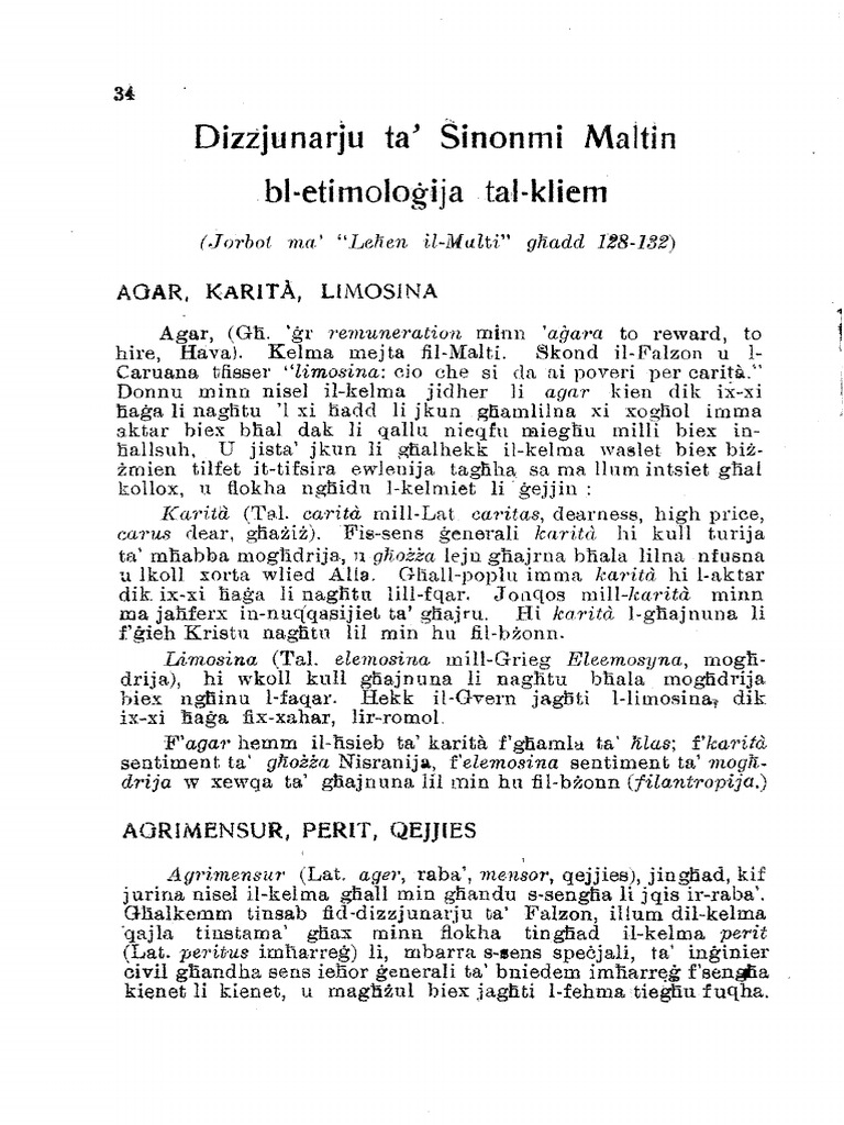 Dizzjunarju Ta' Sinonmi Maltin Bl-Etimologija | PDF