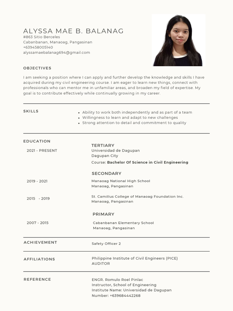 Civil Engineering Resume of Alyssa Balanag | PDF