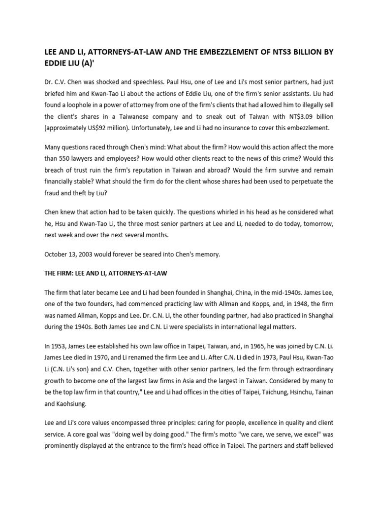 Lee and Li, Attorneys-At-Law and The Embezzlement of NTS3 Billion by ...