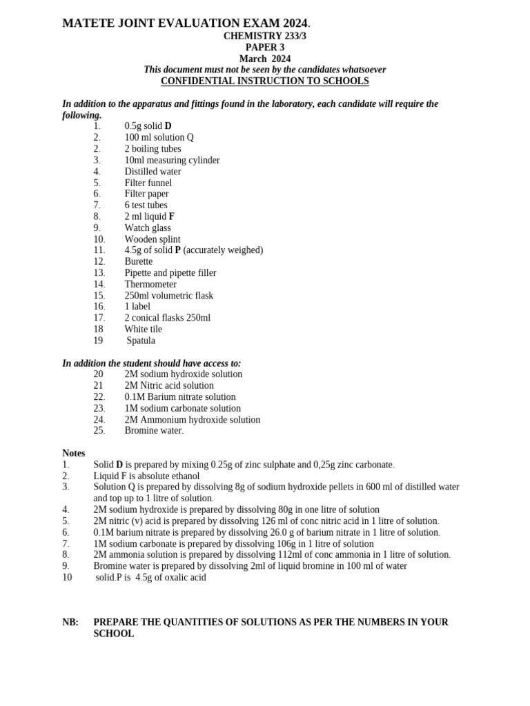 Matete 2024 Chem Pp3 Confidential | PDF