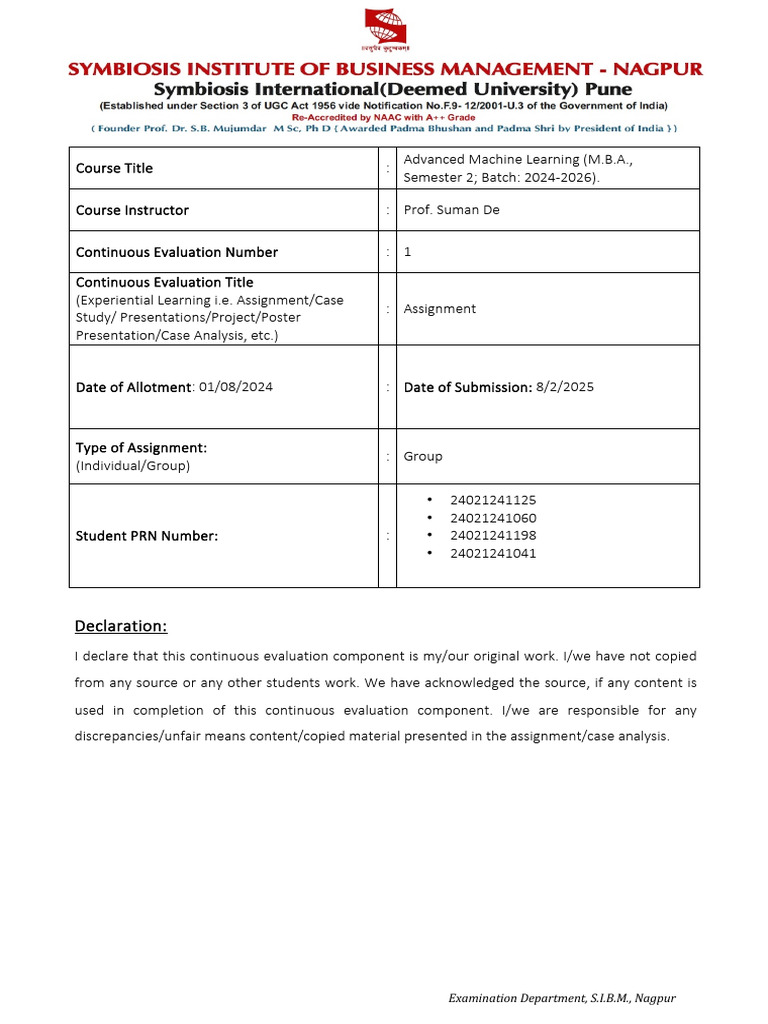 Advanced Machine Learning Assignment 2024 | PDF