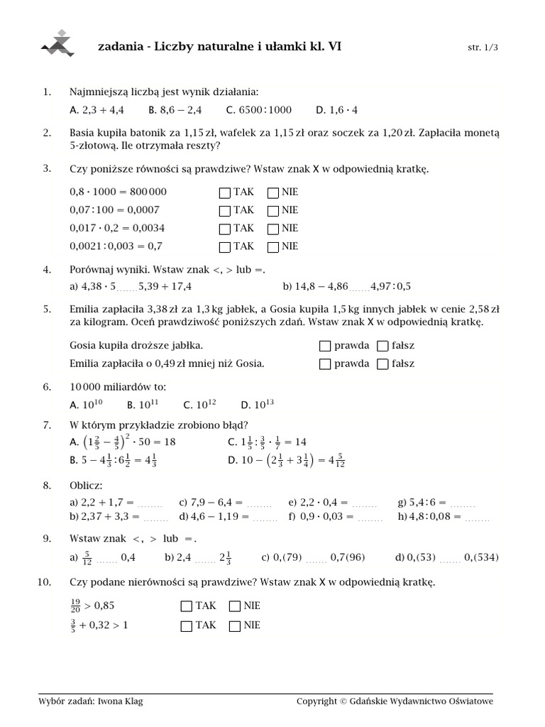 Kl. VI - Zadania - Liczby Naturalne I Ułamki | PDF