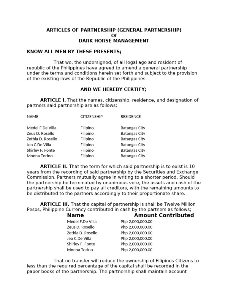 Articles of Partnership-General | PDF | Partnership | Business Law