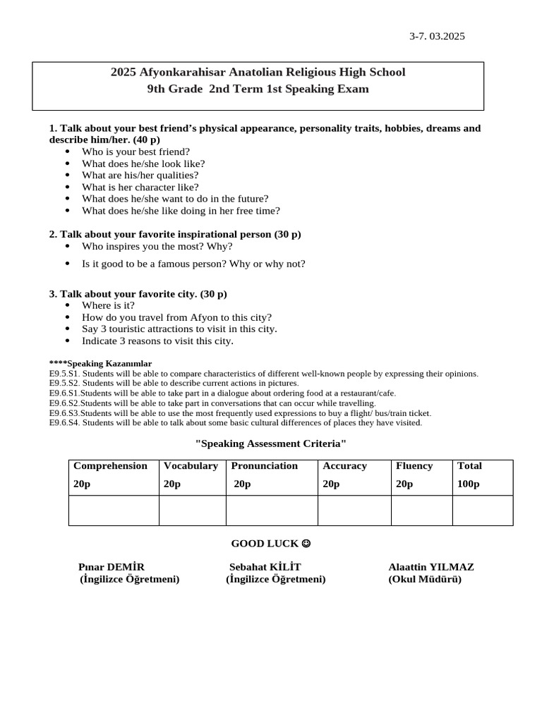 9th grades 2nd term 1st Speaking exams | PDF | Istanbul | Turkey