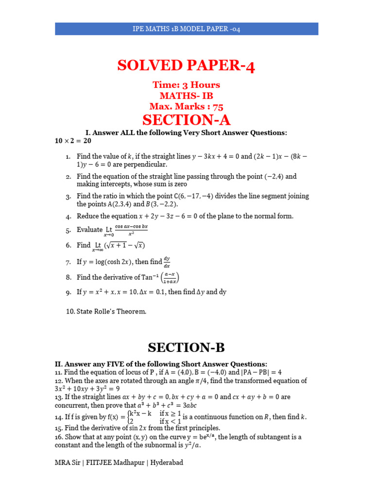 IPE Maths 1B Model Paper - 04 | PDF | Euclidean Geometry | Mathematical Analysis