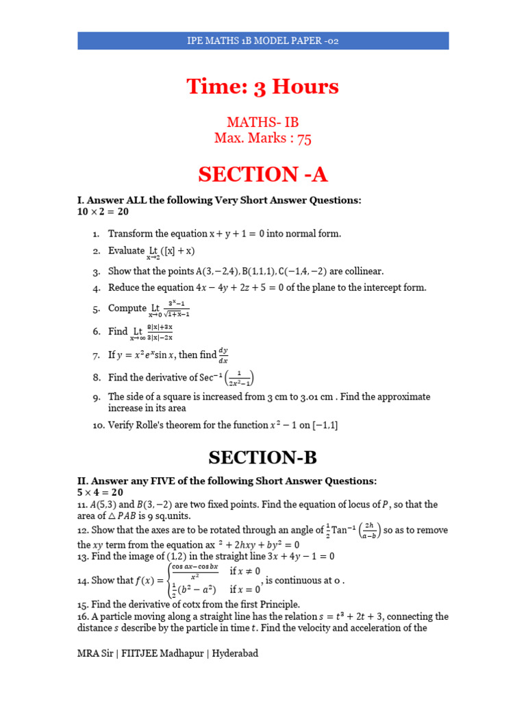 IPE Maths 1B Model Paper -02 | PDF | Tangent | Acceleration