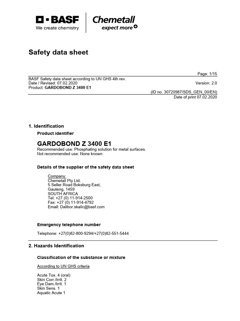 Gardobond Z 3400 E1 - 07.02.2020 | PDF | Toxicity | Dangerous Goods